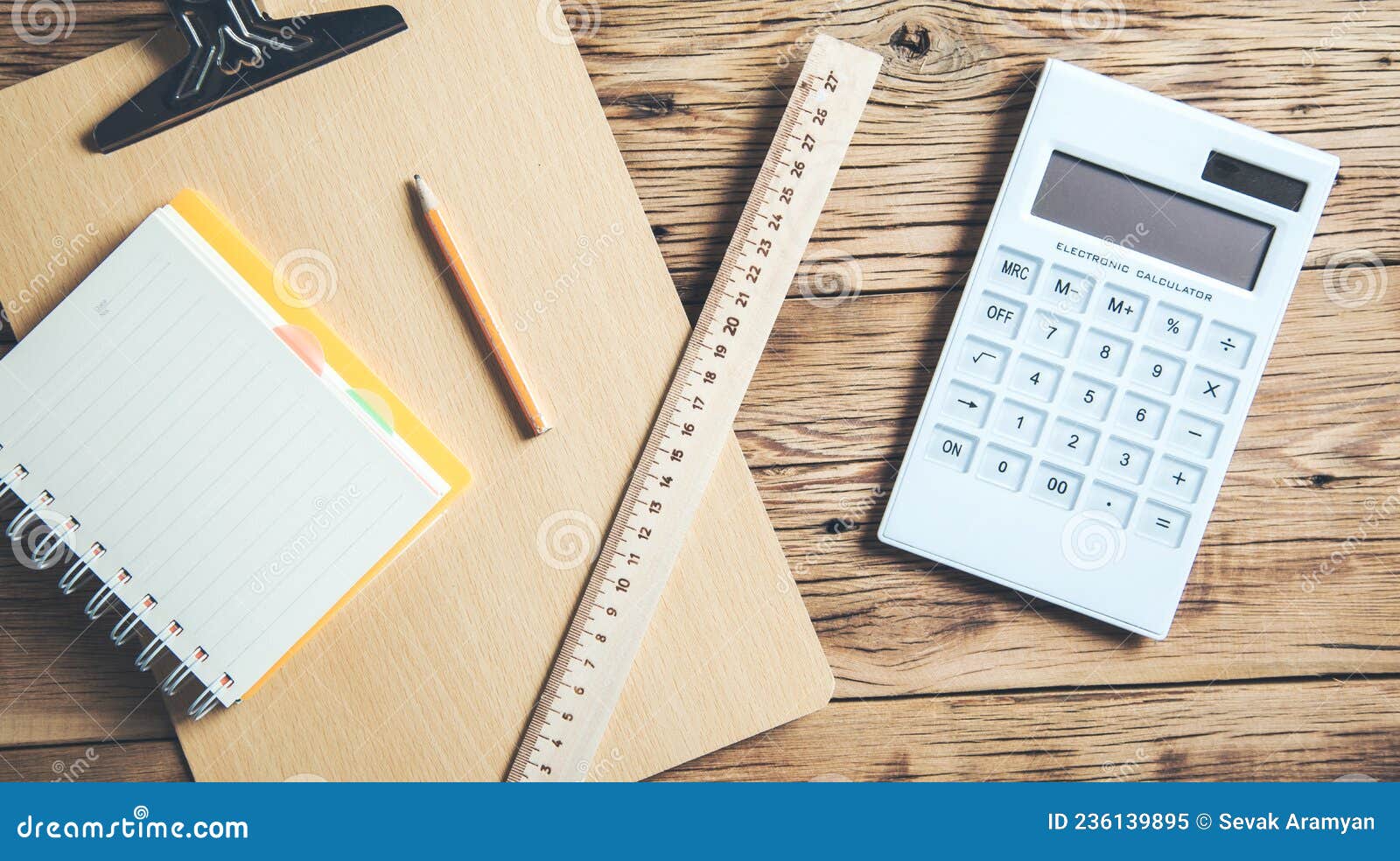 Notepad with Ruler and Calculator on Desk. Stock Image - Image of white ...