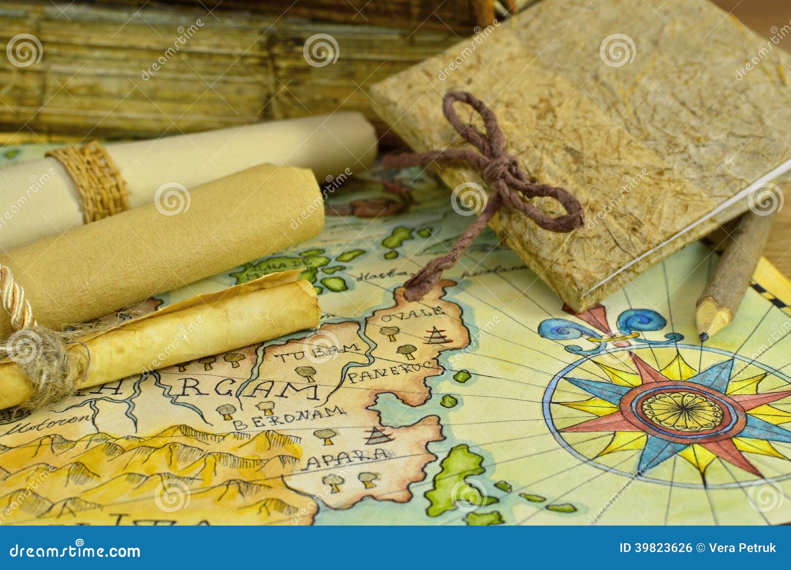 Notepad with Scrolls and Map Stock Photo - Image of book, adventure ...