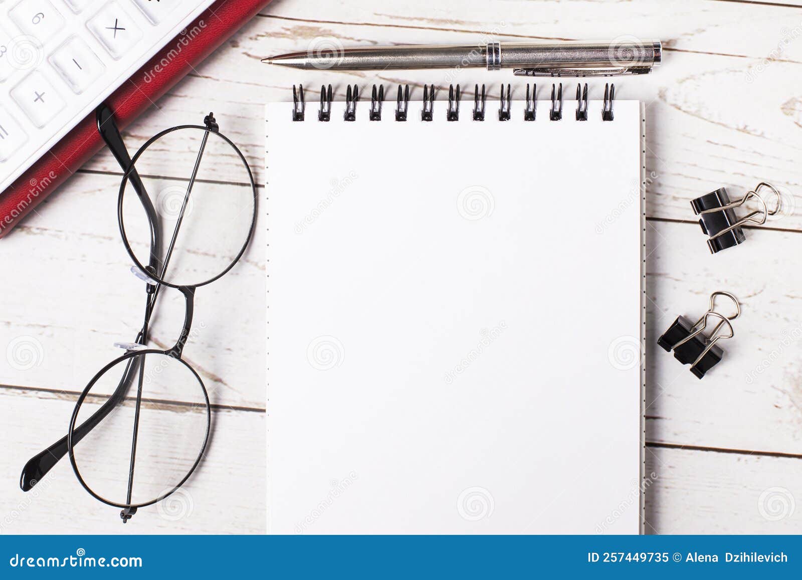 Notepad with Space To Insert Text, Glasses, Calculator and Pen on ...