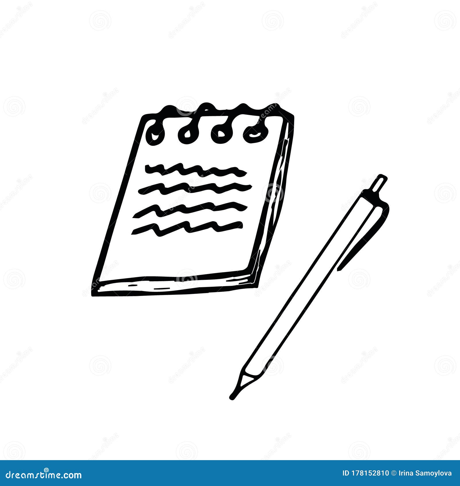 Notepad on Spiral Rings with Pen and Notes Hand Drawn in Doodle Style ...