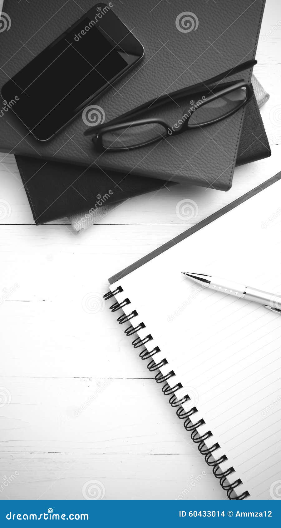 Notepad with Stack of Book Black and White Tone Color Style Stock Photo ...