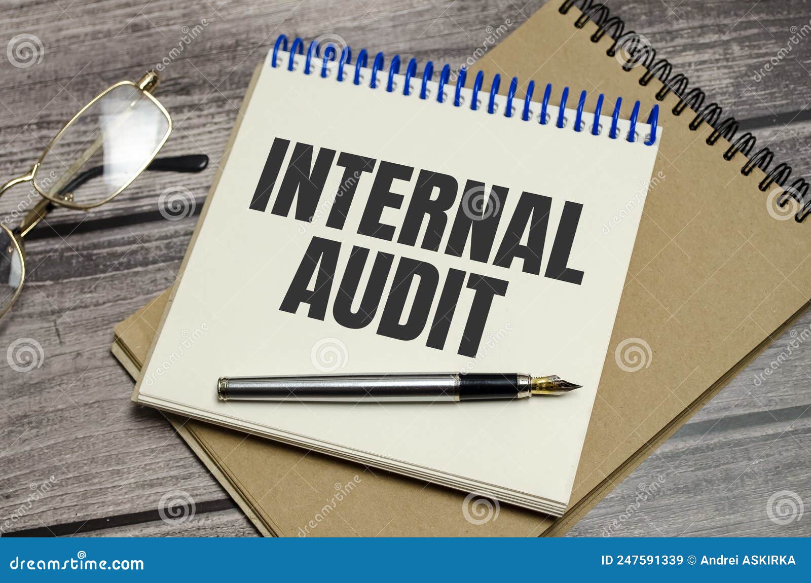 In Notepad Text Internal AUDIT, Next To the Glasses on the Wooden Table ...