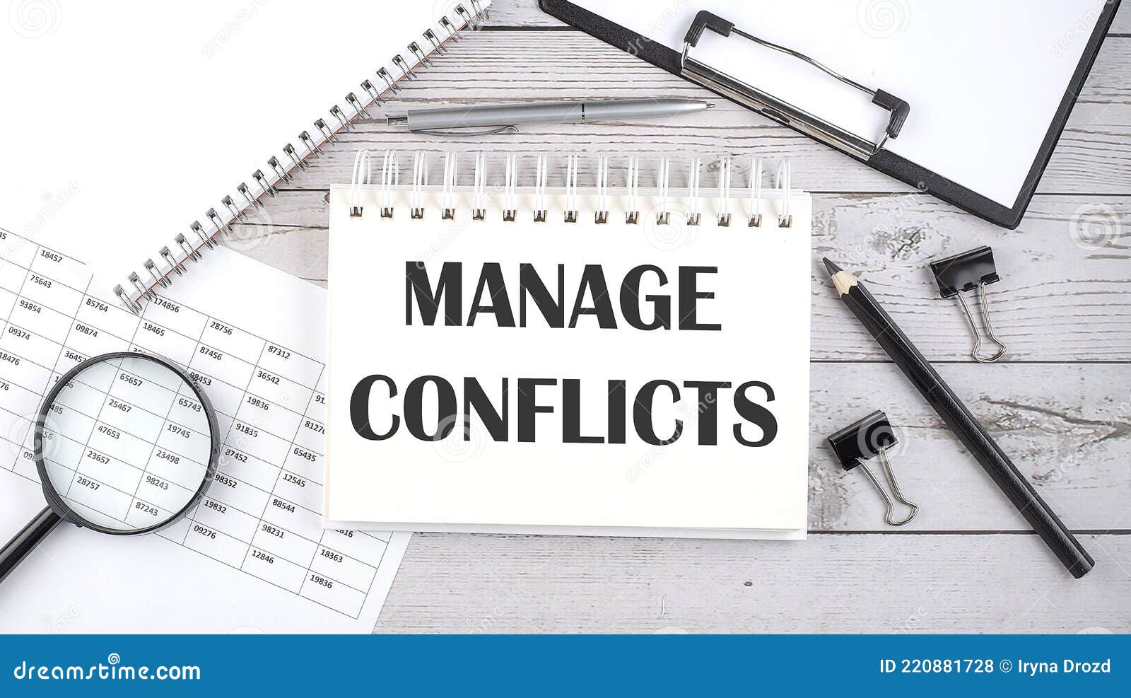 Notepad with Text MANAGE CONFLICTS with a Pen,office Tools and Graphs ...