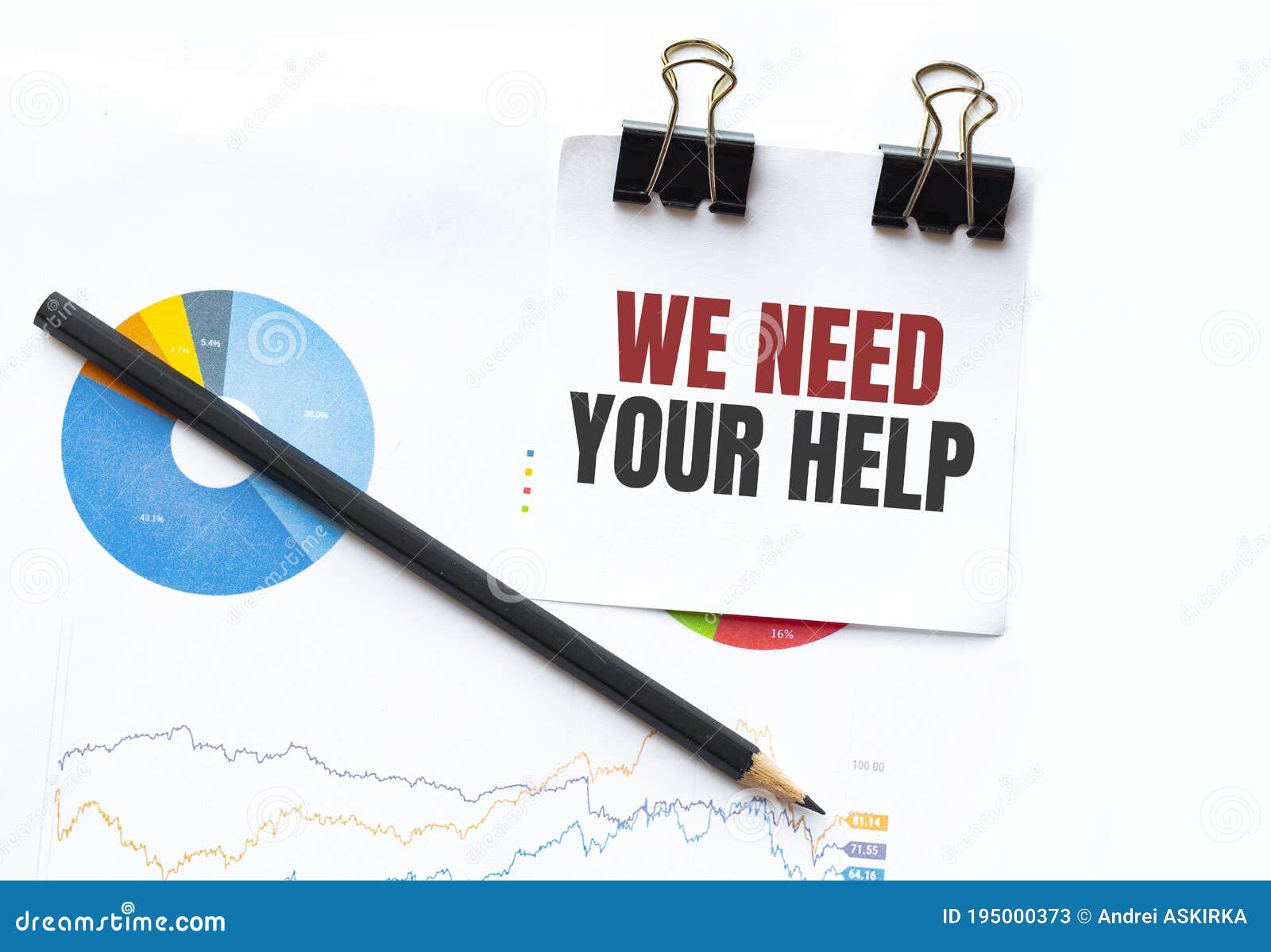 Notepad with Text we NEED YOUR HELP on Business Charts and Pen Stock ...