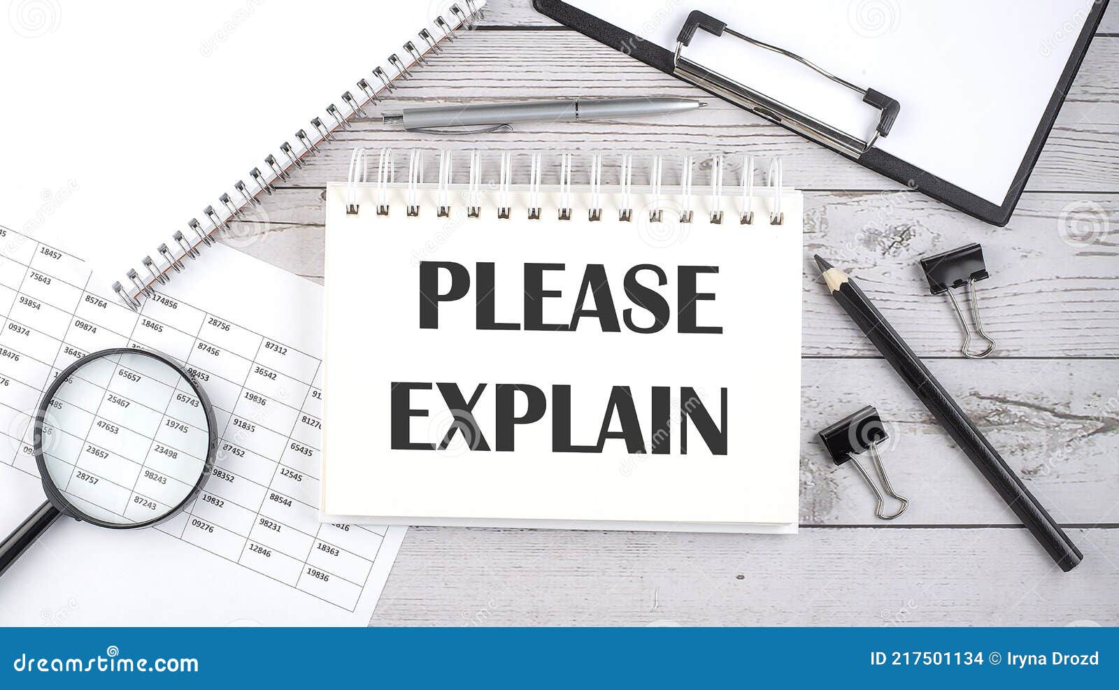 Notepad with Text PLEASE EXPLAIN with a Pen,office Tools and Graphs on ...