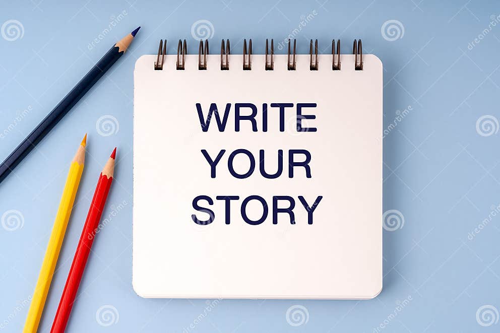 Notepad with Text Write Your Story on Blue Background Stock Image ...
