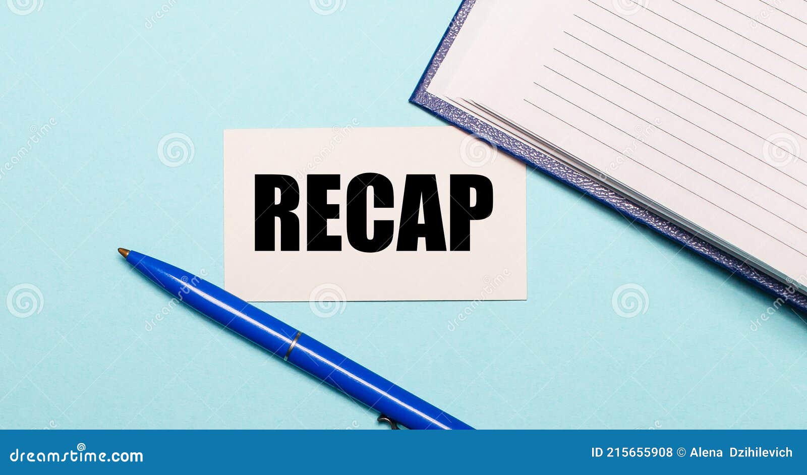 Notepad, White Pen and Card with the Inscription RECAP on a Blue ...