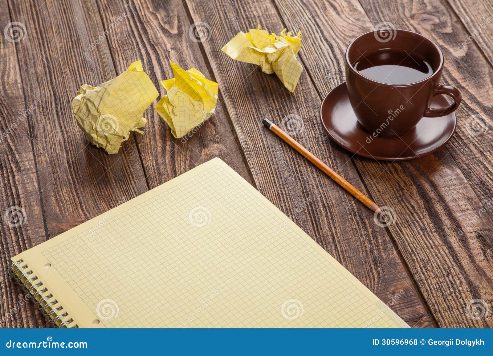 Notepad on a wooden table stock photo. Image of coffee - 30596968