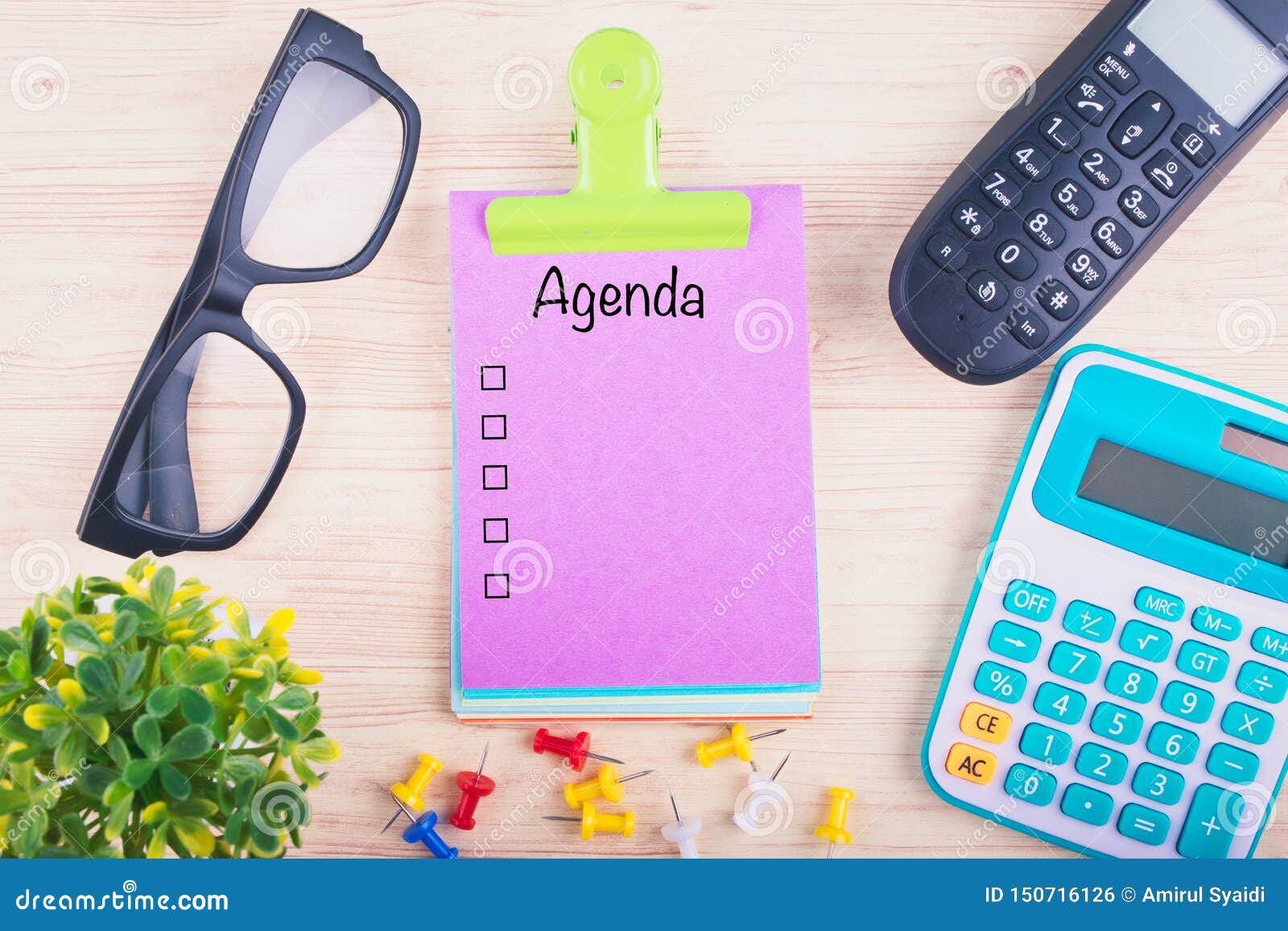 Notepad Writing AGENDA, Office Table with Calculator, Telephone Stock ...
