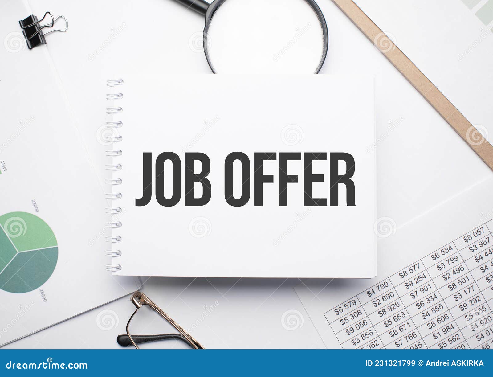 On the Notepad for Writing the Text Job Offer, Magnifier,charts and ...