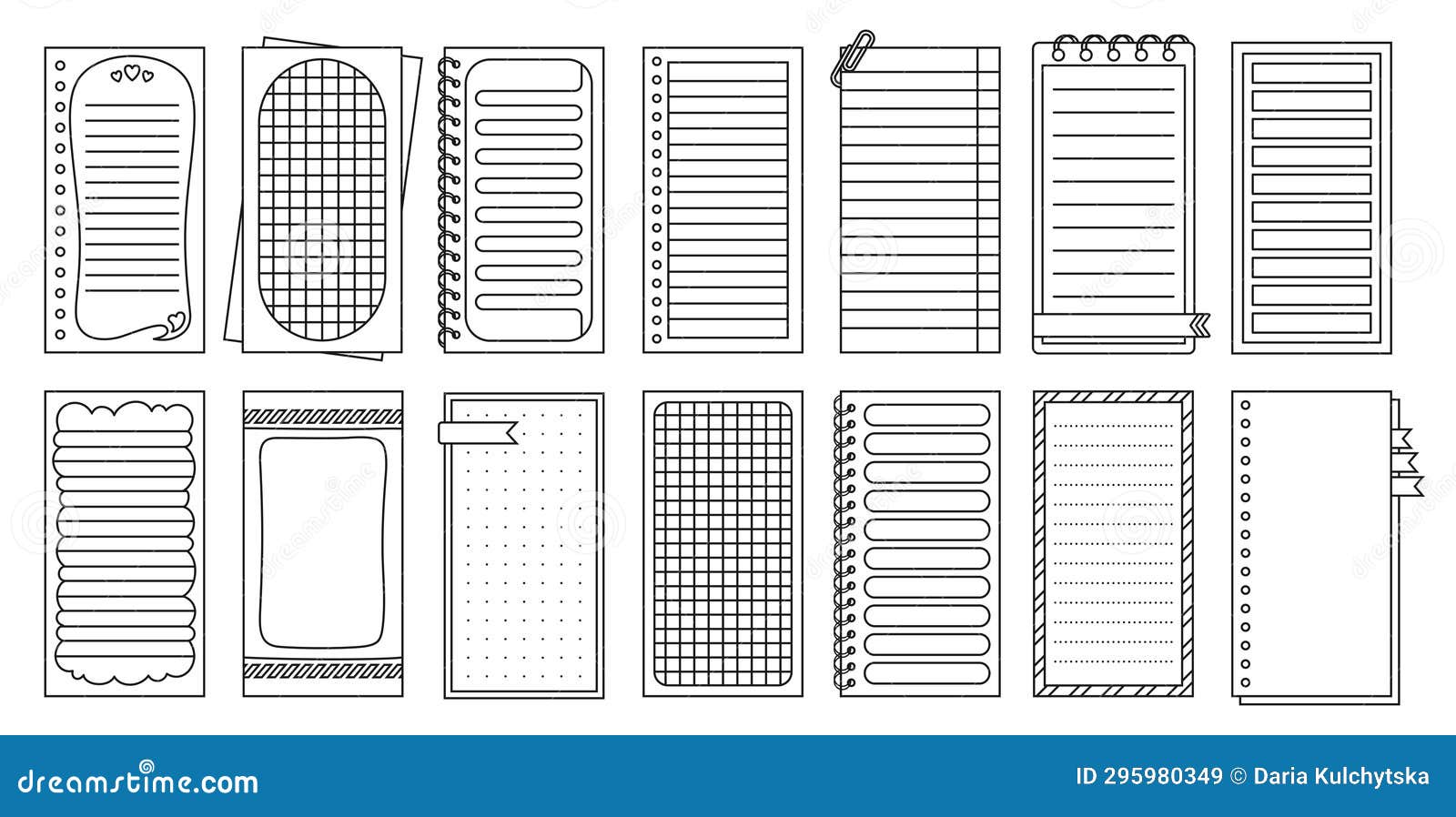 Notepaper Lined or Grid Notepads Outline Set Weekly daily Planner ...
