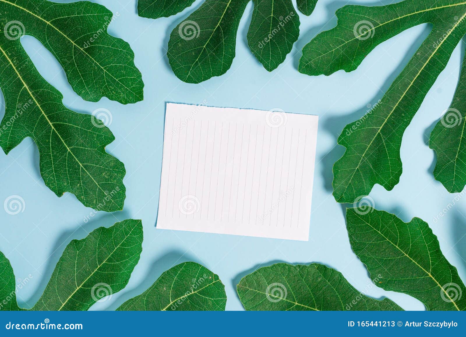 Notepaper Placed Above Plain Table between Green Leaves. Leafage ...