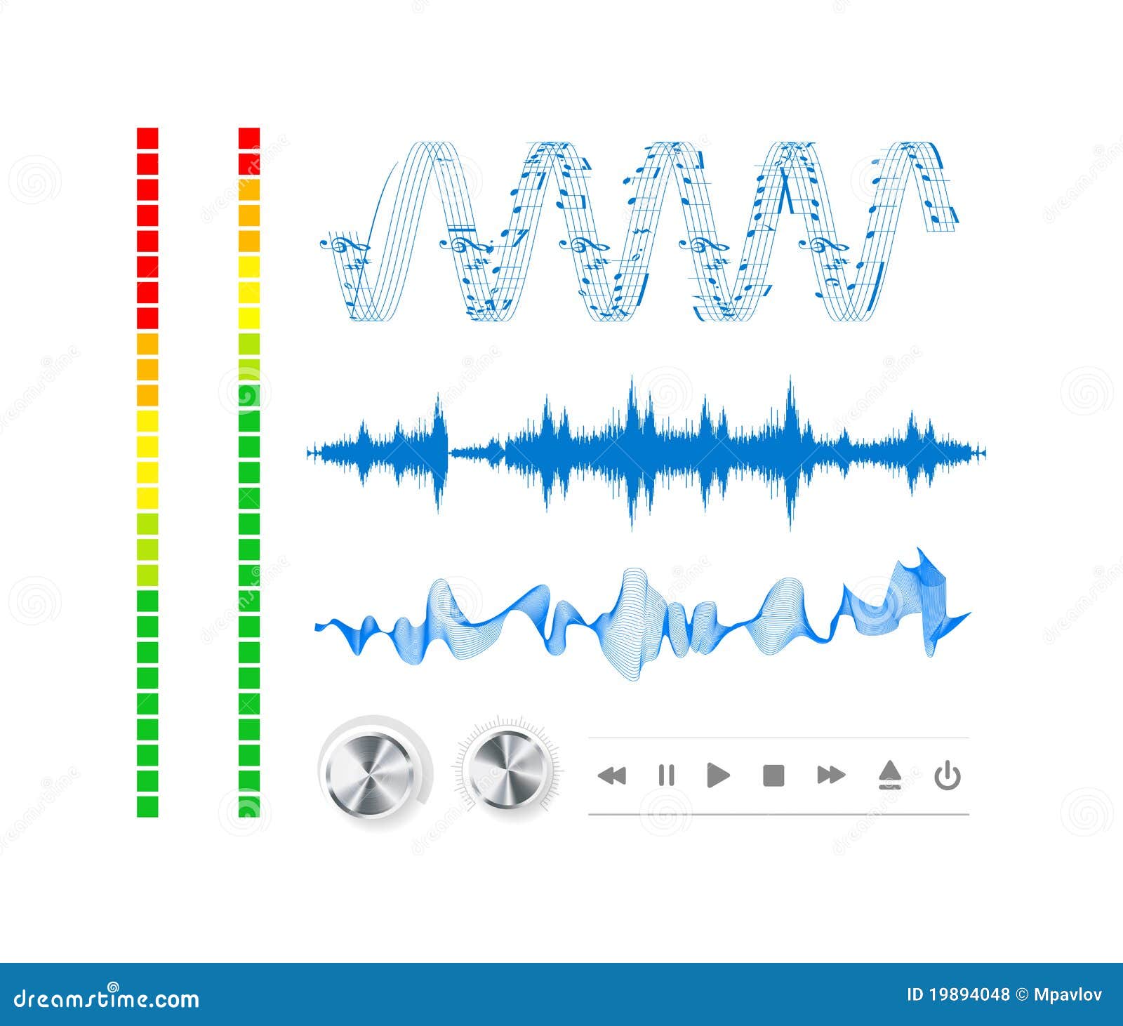 Notes, Buttons and Sound Waves. Stock Vector - Illustration of audio ...