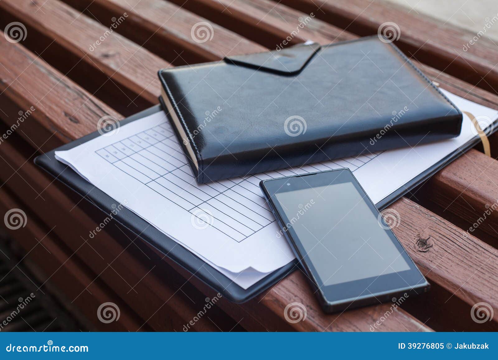Notes and Mobile Phone on Wooden Bench. Stock Image - Image of ...