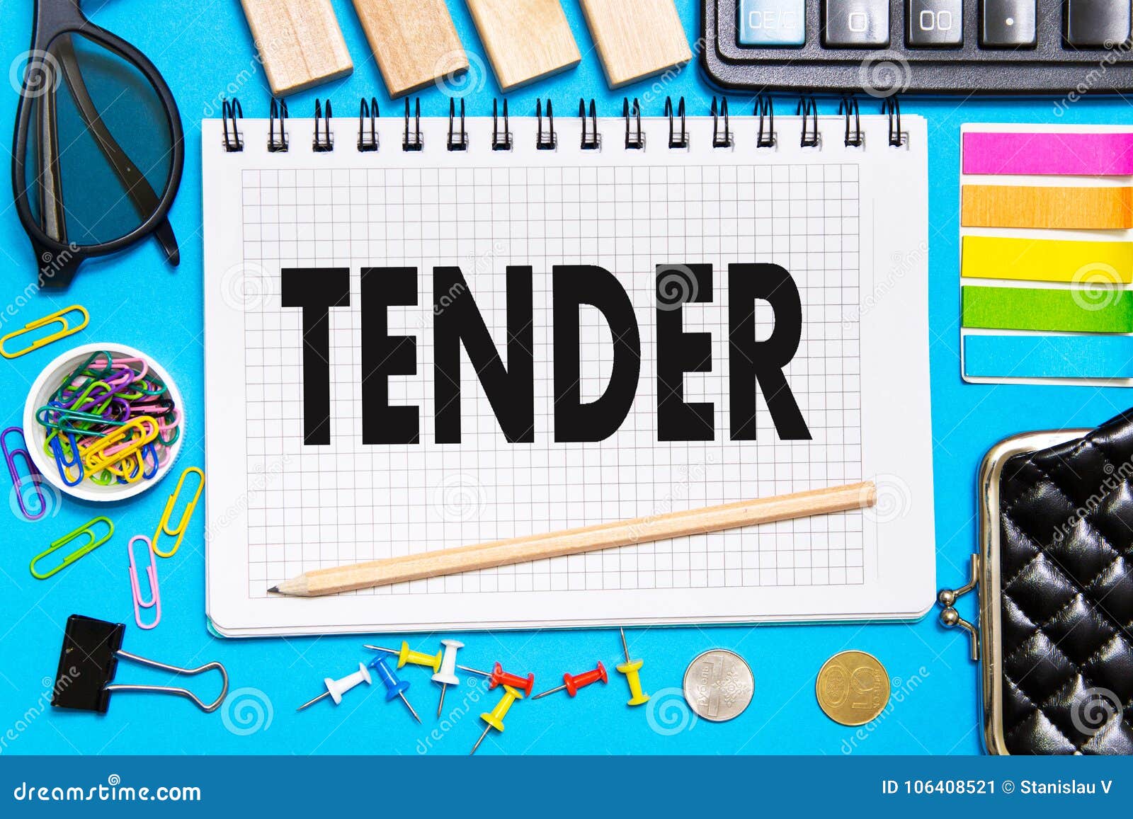 Notes Notebook with a TENDER with the Office Tools on Blue Background ...