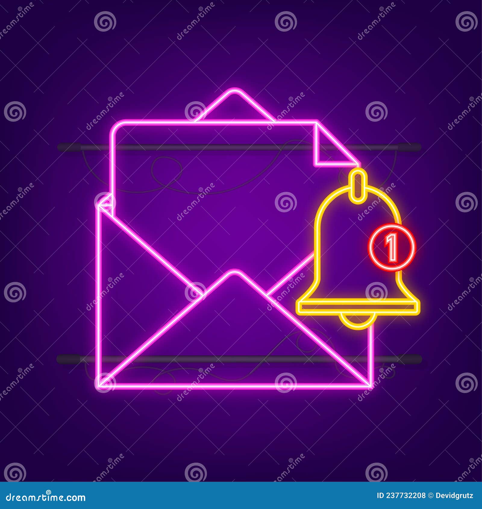 Notification Bell and Envelope Icon for Incoming Inbox Message. Neon ...
