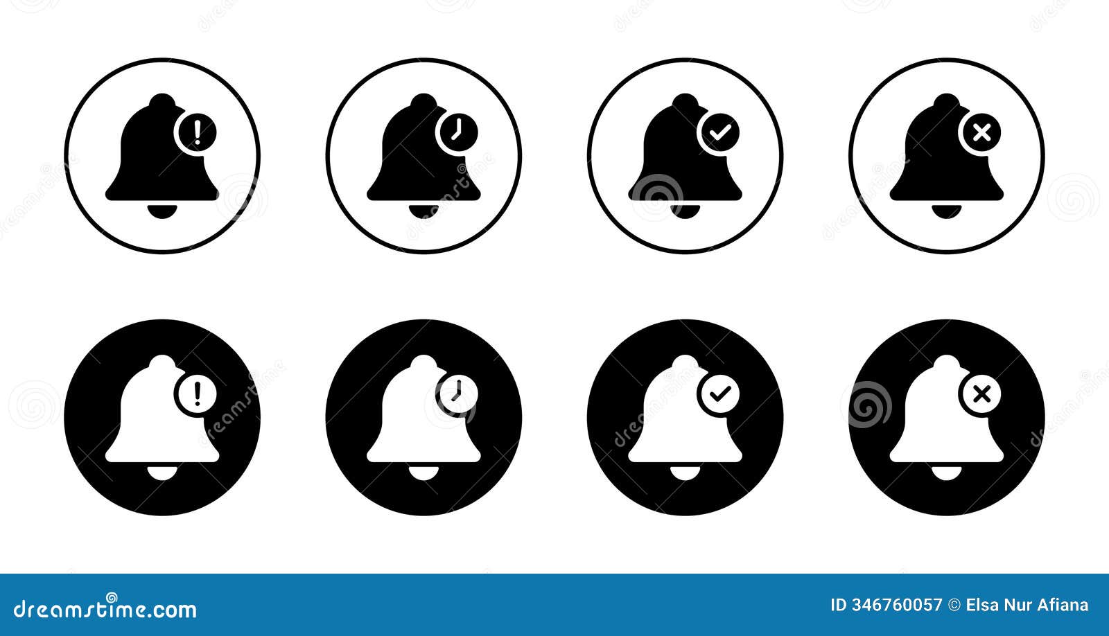 Notification Bell with Exclamation Mark, Time, Checkmark, and Cross Icon on Black Circle Stock ...