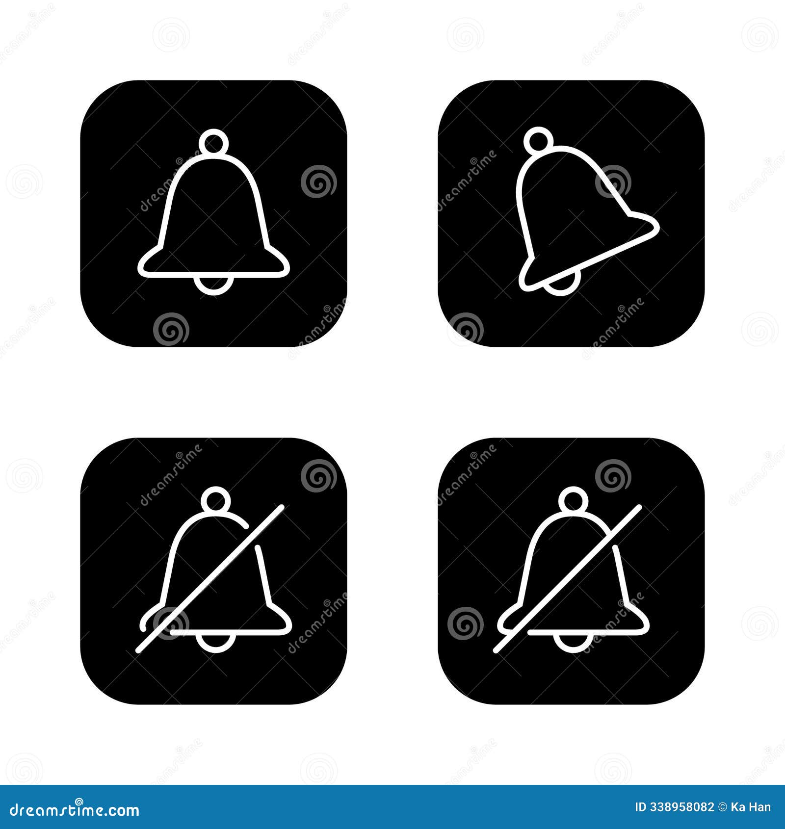 Notification Bell Icon Set on Black Square. Ringing Bells Concept Stock ...