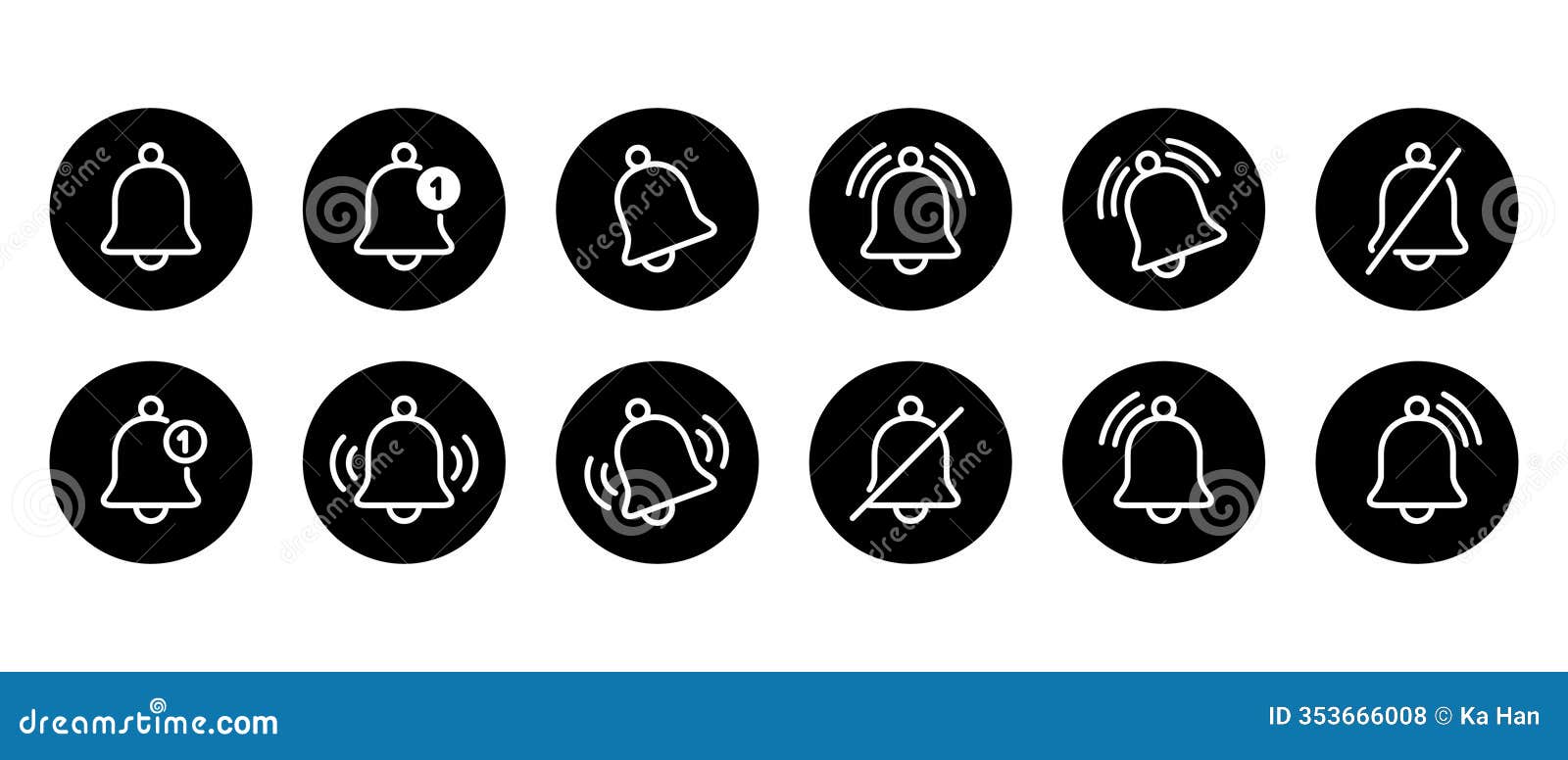 Notification Bell Icon Set Collection on Black Circle. Alert, Reminder ...