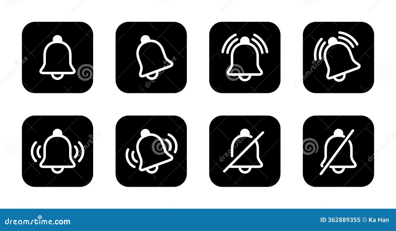 Notification Bell Outline Icon Set Collection on Black Square. Notify ...