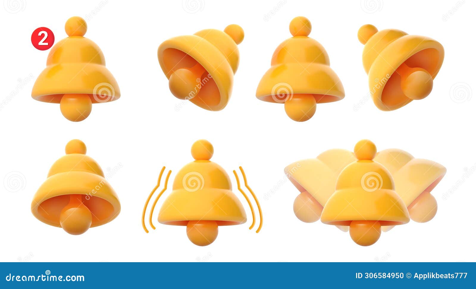 Notification Bells 3D Icons. Yellow Bell with Notifications Counter, Ring Sound and Different ...