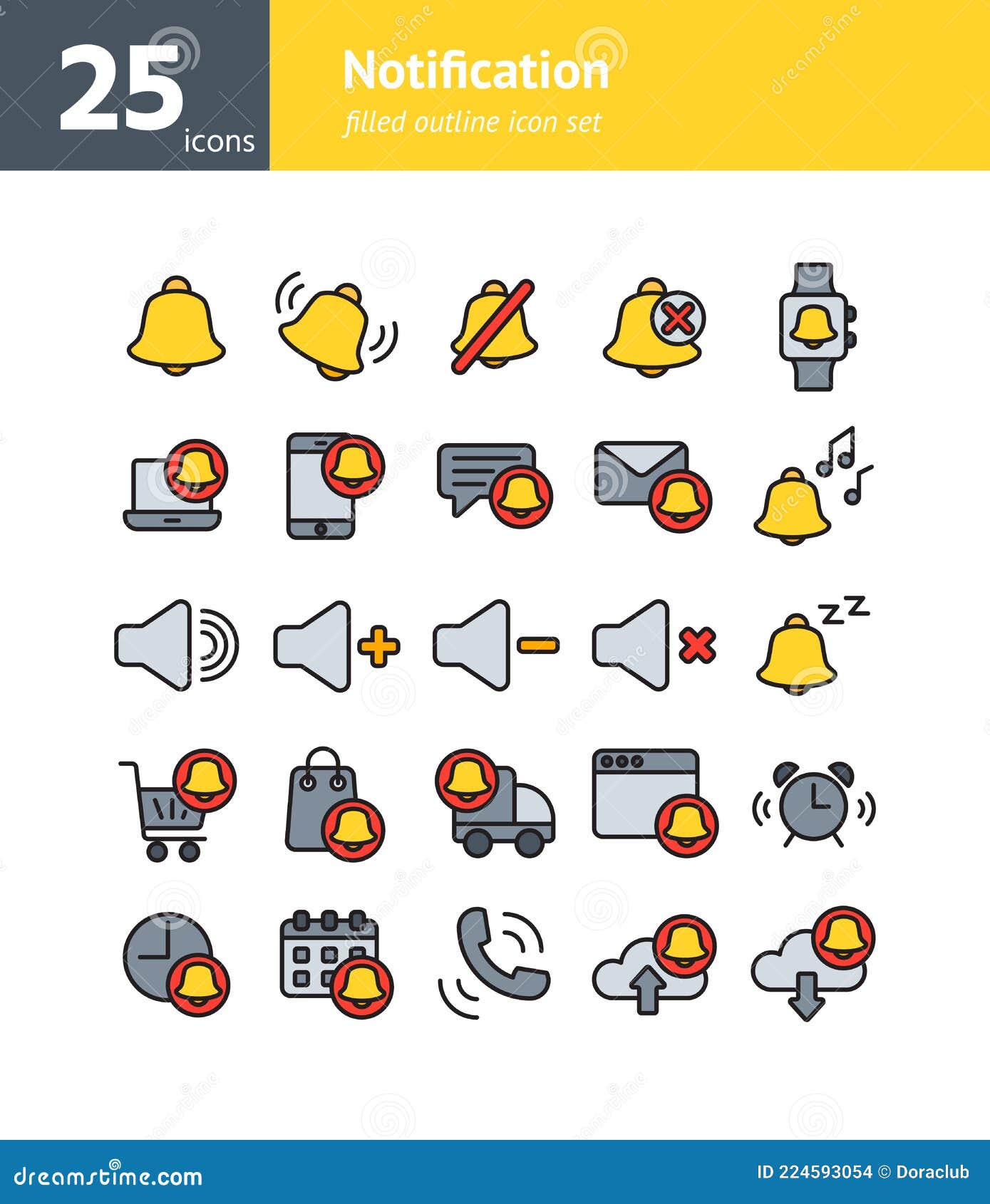 Notification Filled Outline Icon Set. Stock Vector - Illustration of ...