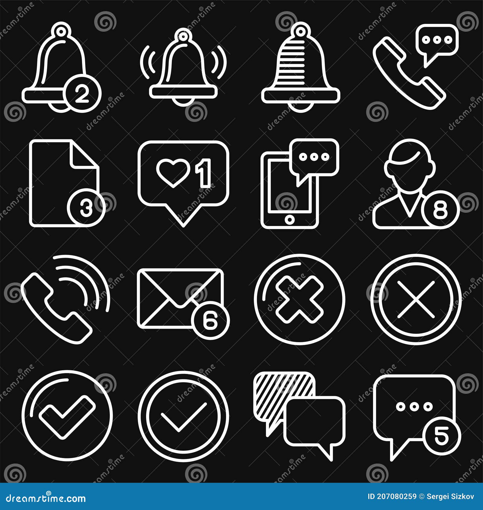 Notification Icons Set on Black Background. Line Style Vector Stock ...
