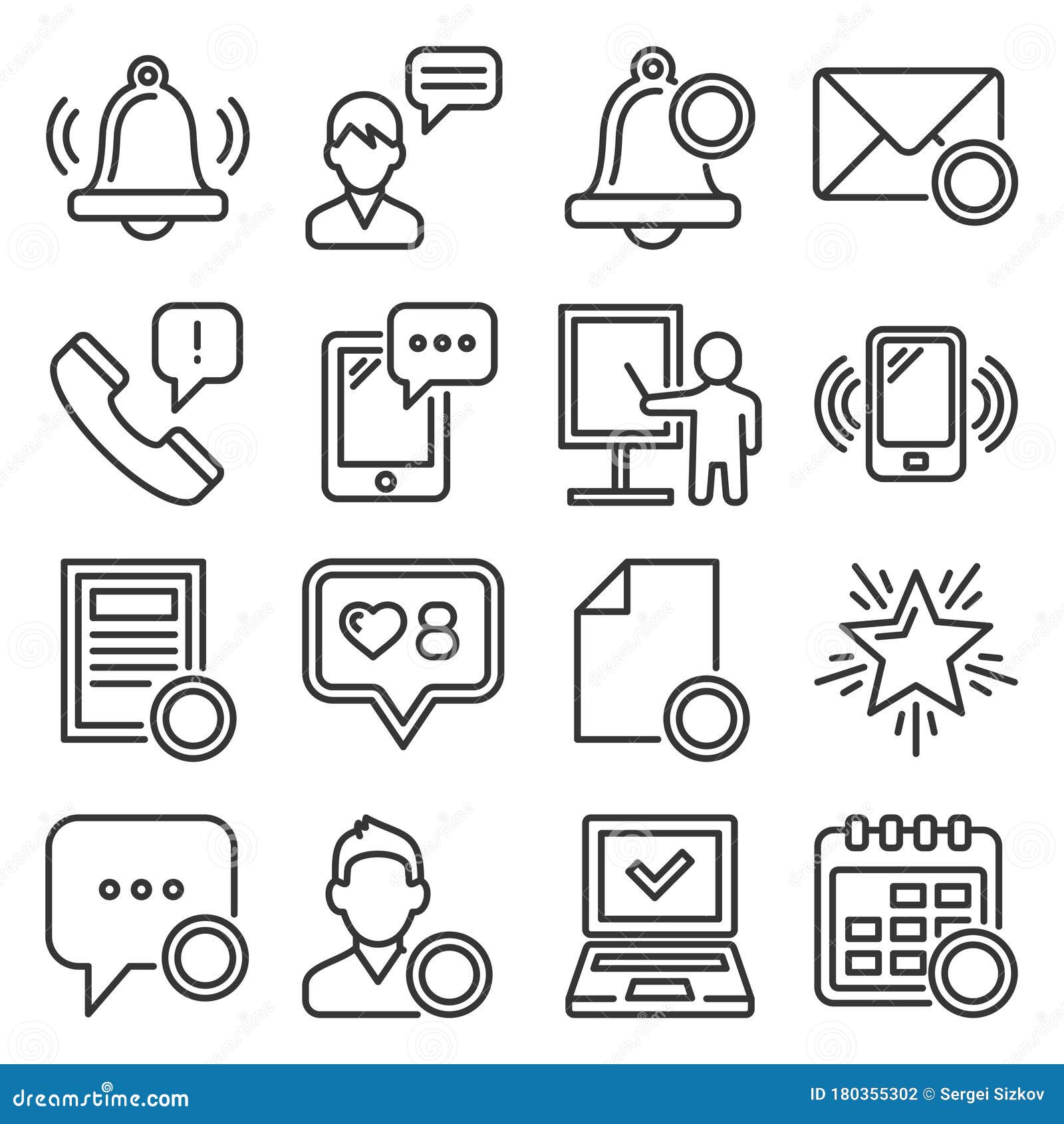 Notification Icons Set on White Background. Line Style Vector Stock ...