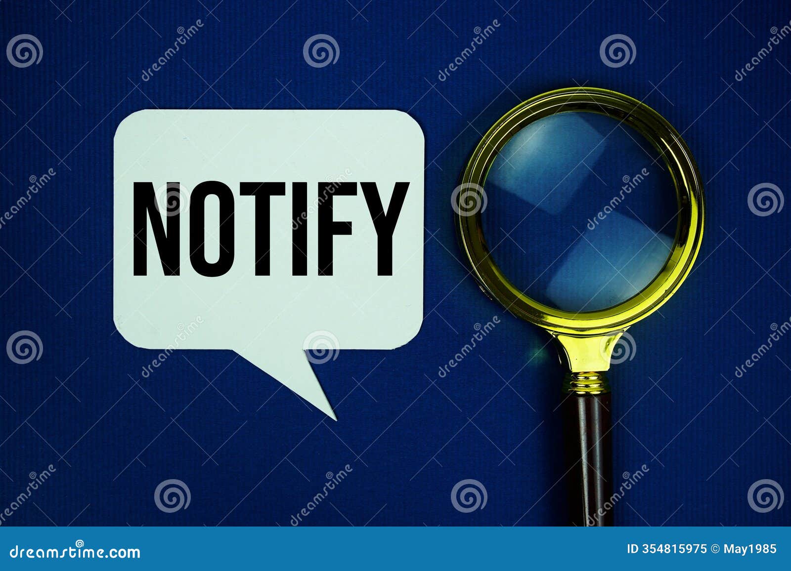 Notify Text On Speech Bubble With Magnifying Glass Top View On Blue ...