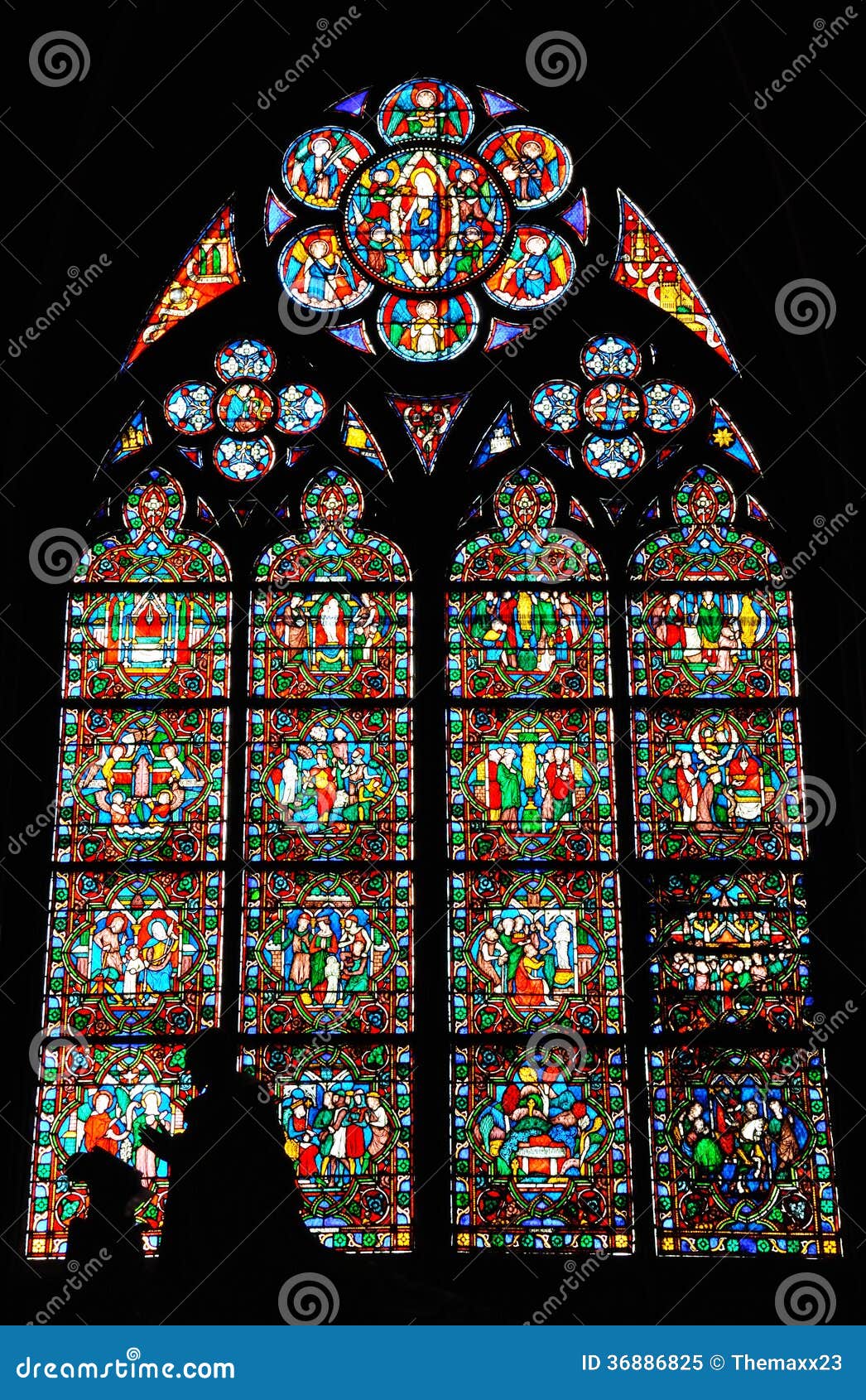 Notre Dame Cathedral Color Glass Window and Statue Editorial Image ...