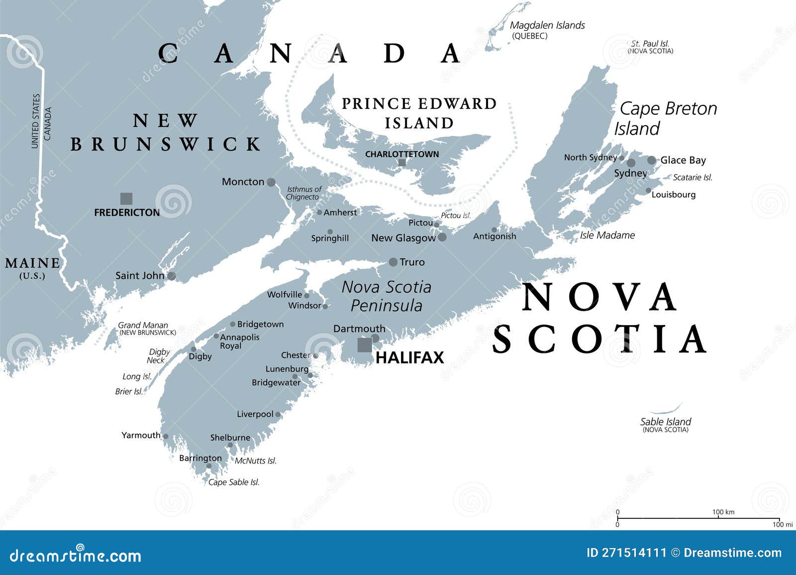 Nova Scotia, Maritime And Atlantic Province Of Canada, Gray Political ...