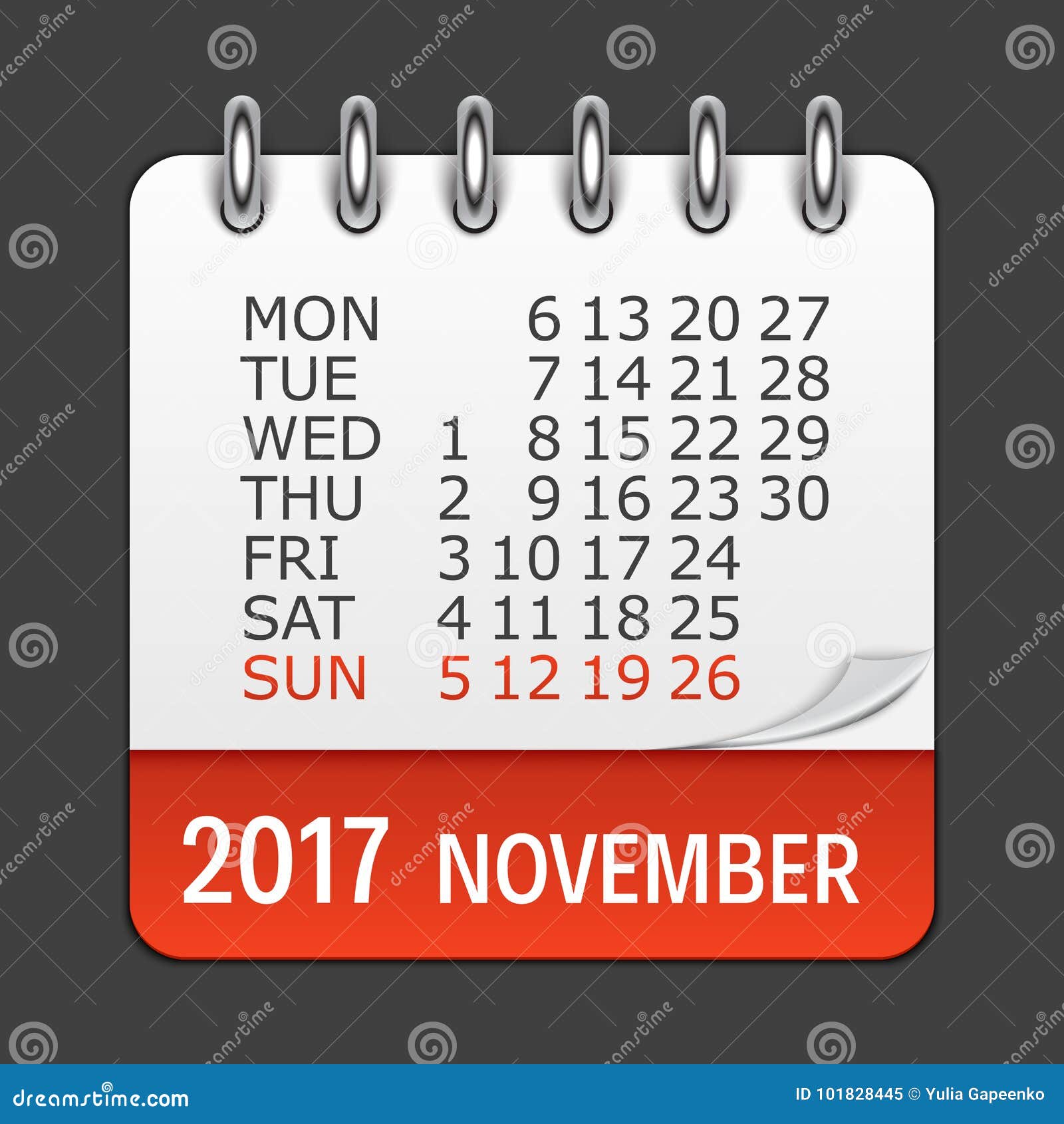 November 2017 Calendar daily Icon. Vector Illustration Emblem Stock ...