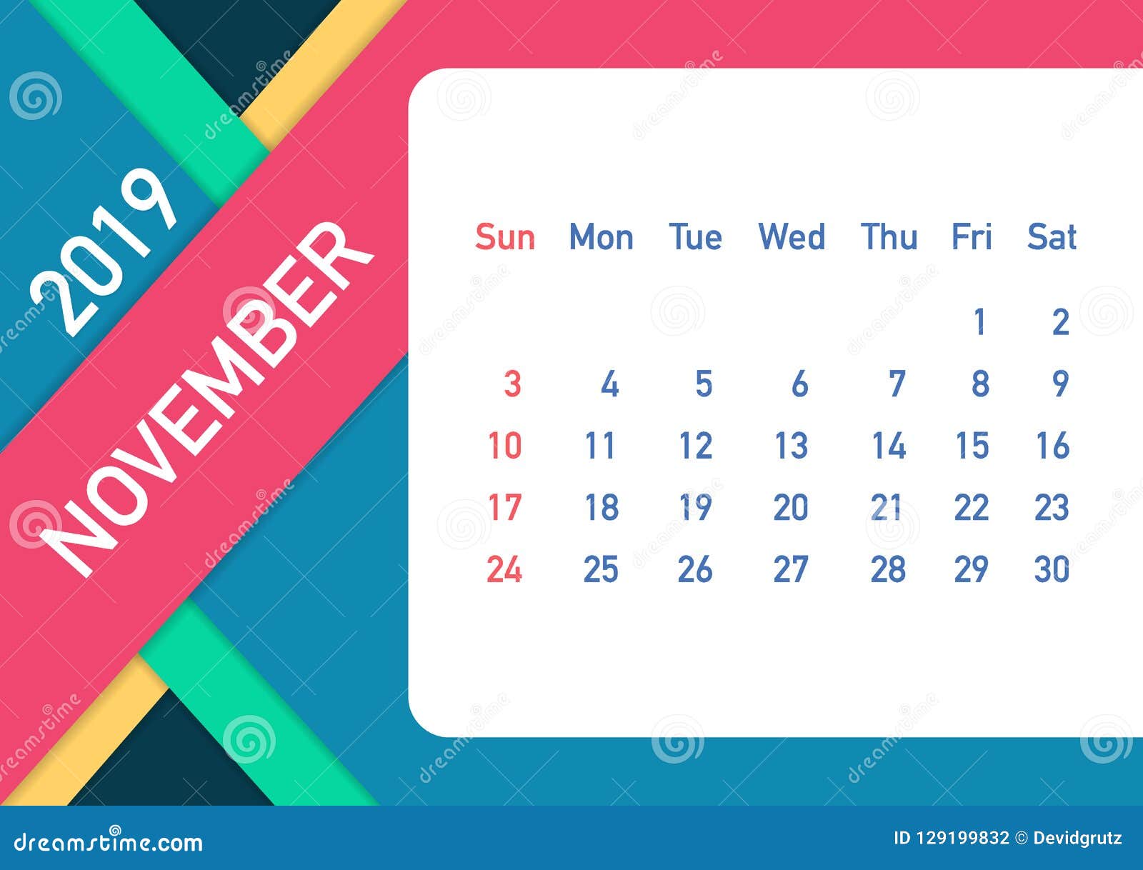 November 2019 Calendar Leaf. Calendar 2019 in Flat Style. A5 Size ...