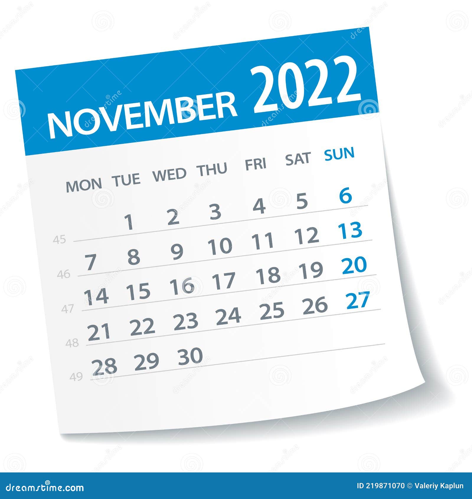 November 2022 Calendar Leaf. Week Starts on Monday. Vector Illustration ...