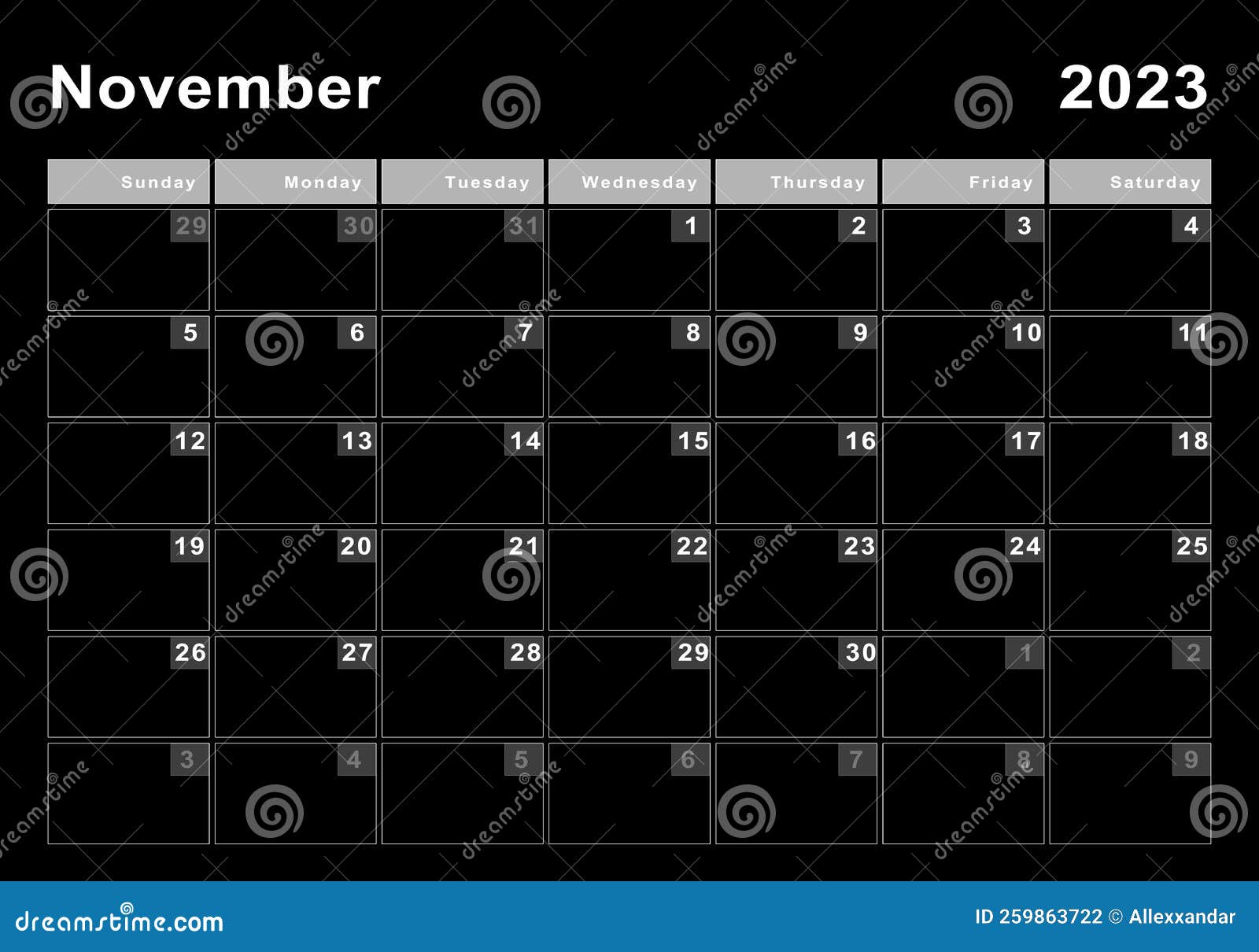 November 2023 Calendar, Week Start Sunday Stock Illustration ...