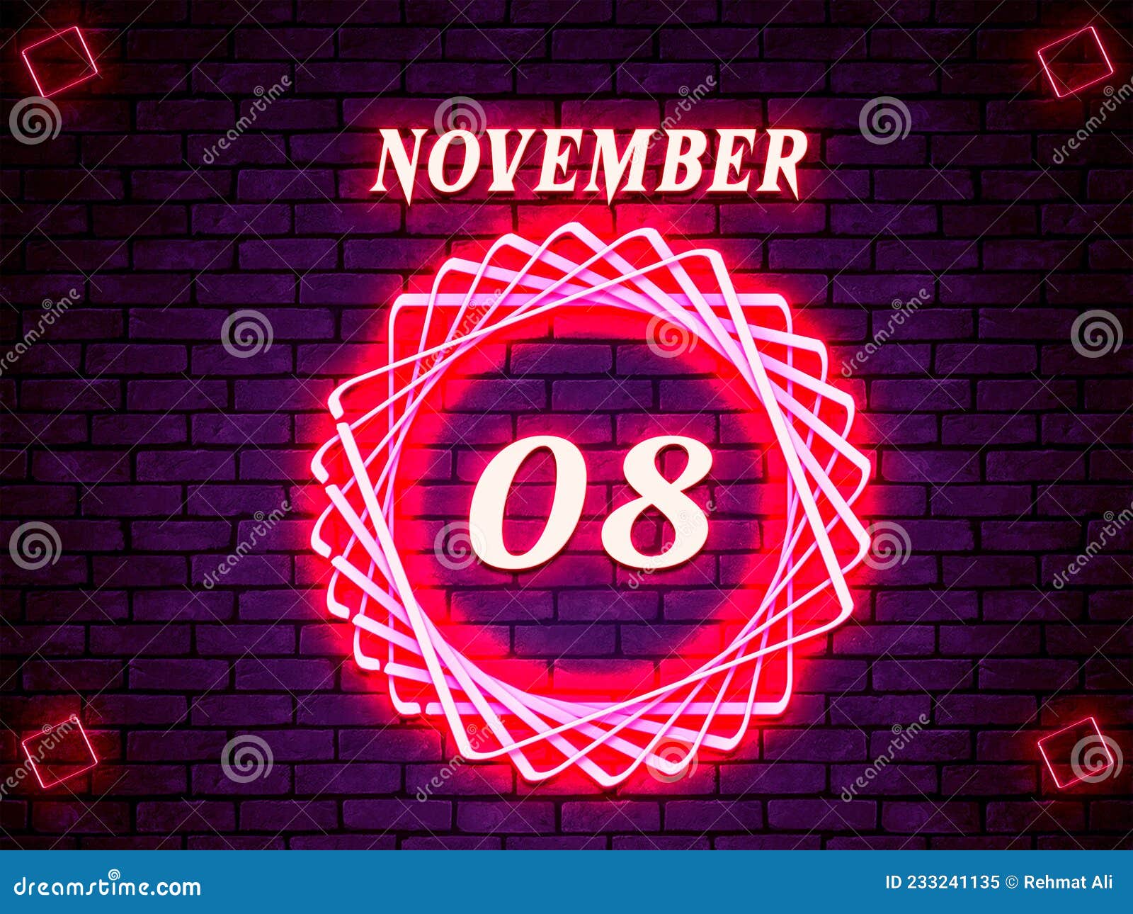November 8. Calendar on Workplace Neon Text Effect on Bricks Background ...
