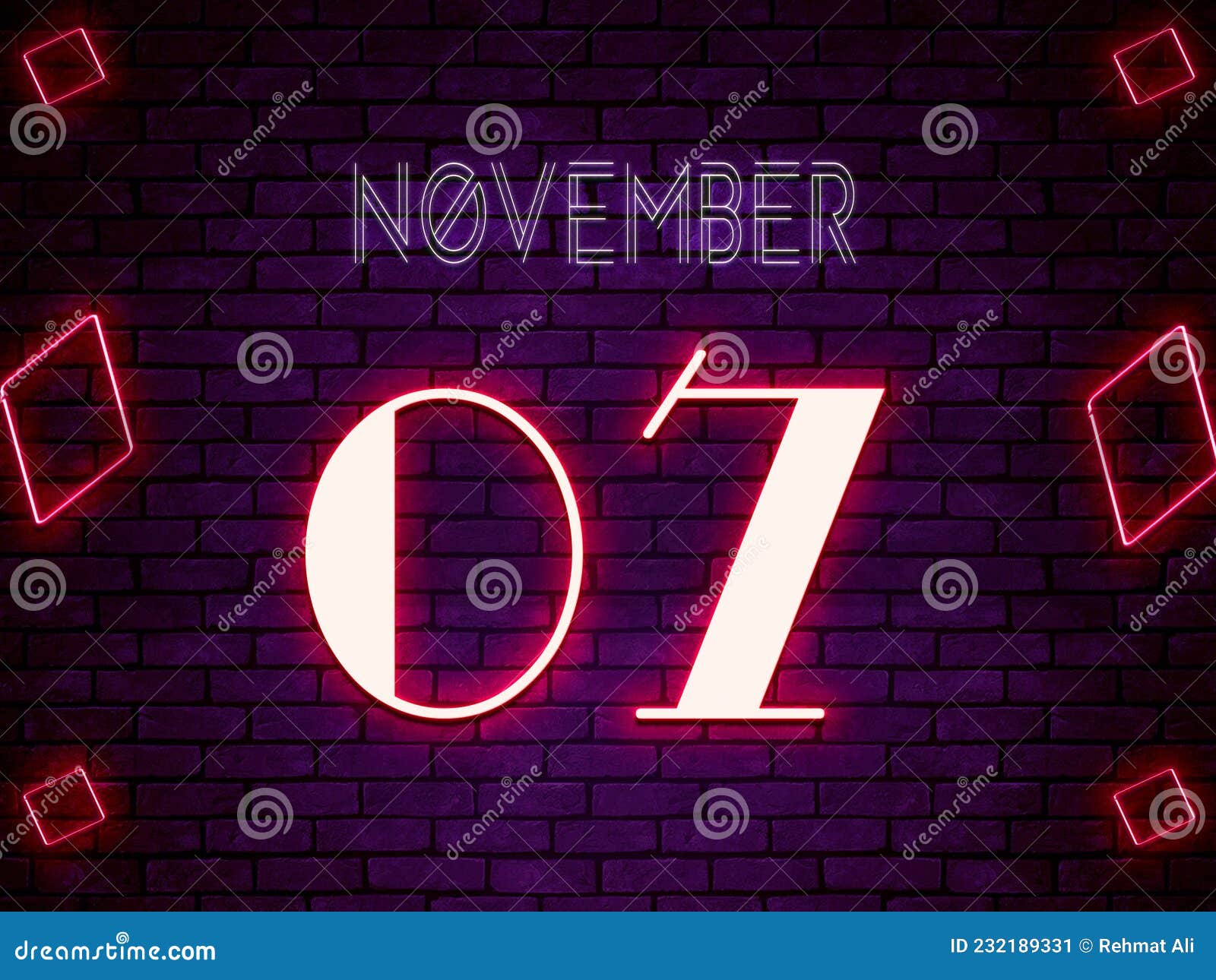 November 7. Calendar on Workplace Neon Text Effect on Bricks Background ...