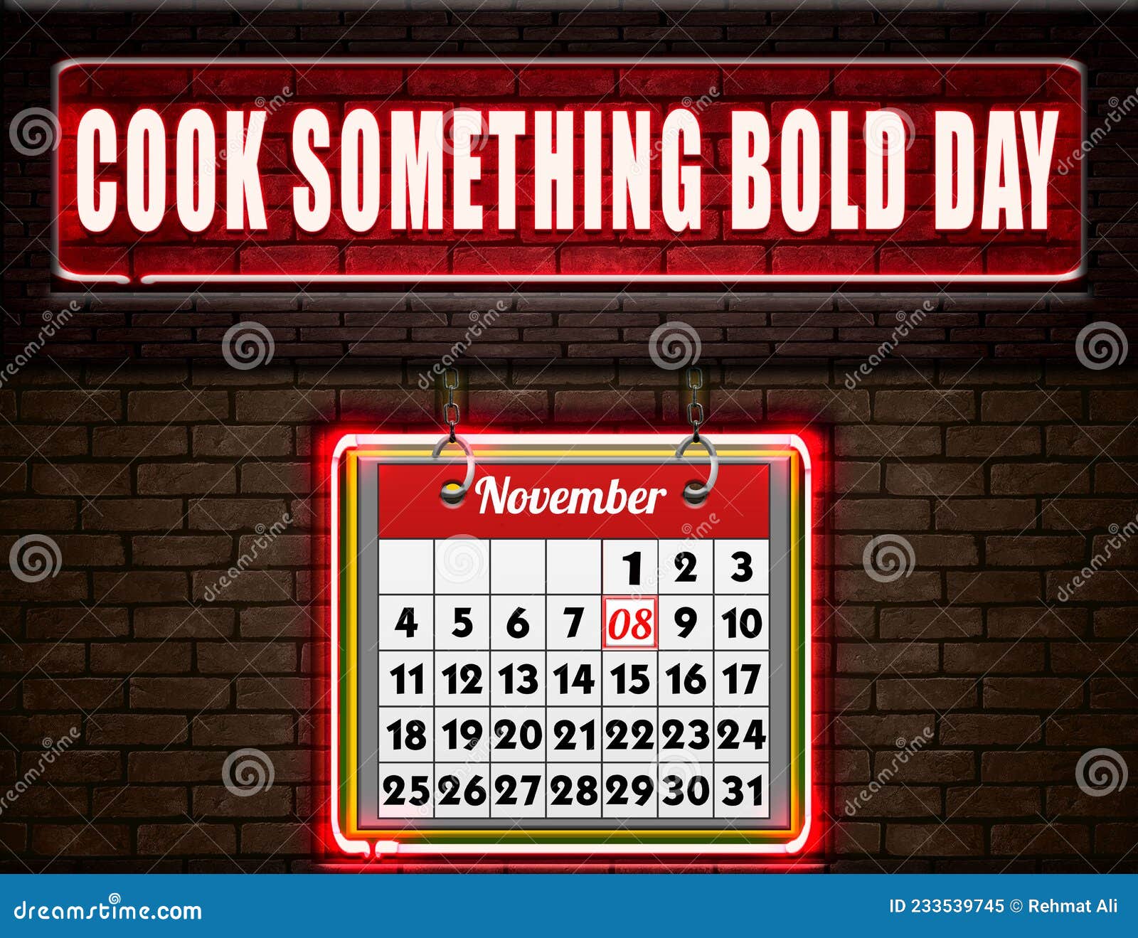 08 November, Cook Something Bold Day, Neon Text Effect on Bricks ...