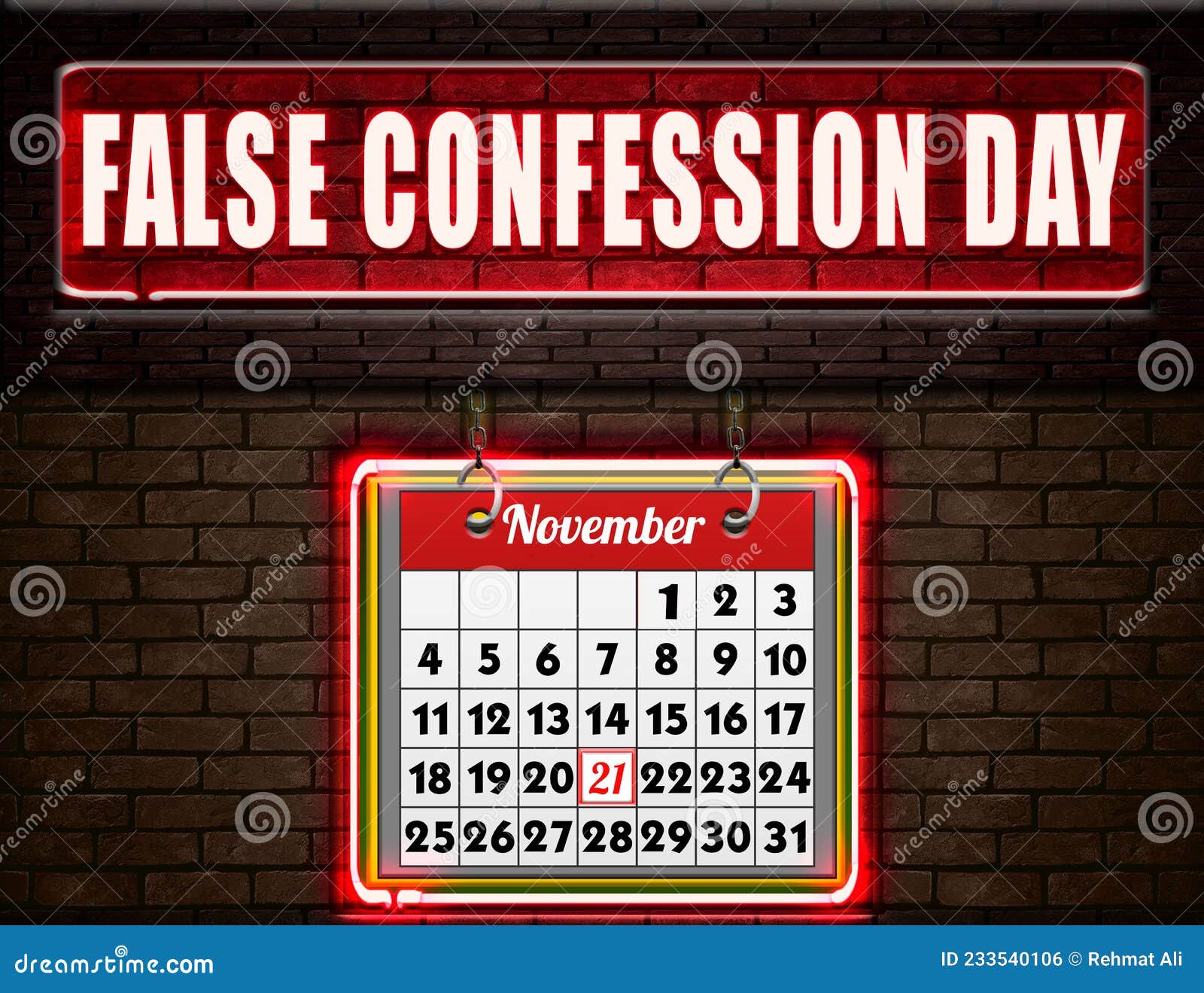 21 November, False Confession Day, Neon Text Effect on Bricks ...
