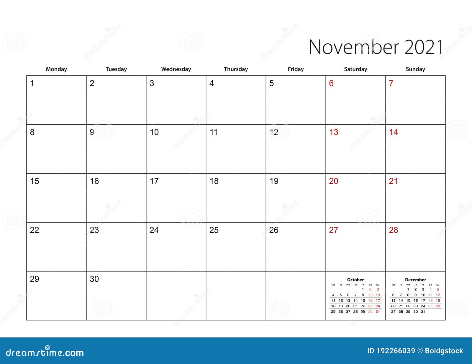 November 2021 Simple Calendar Planner, Week Starts from Monday Stock ...
