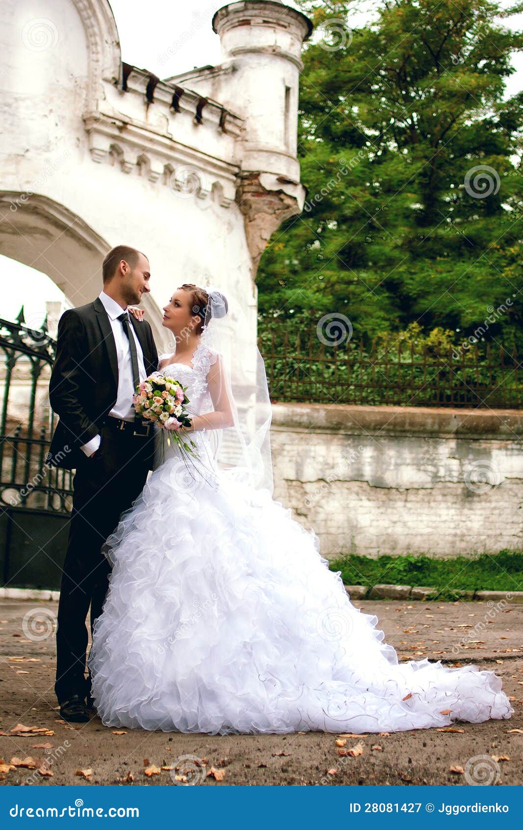 Novia Y Novio Que Presentan Cerca De Castillo Imagen de archivo ...