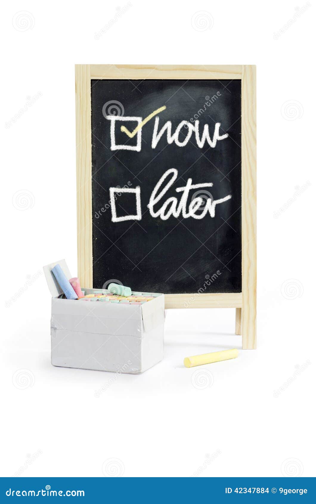 Now or Later with Checkboxes - White Chalk Handwriting on Blackboard ...