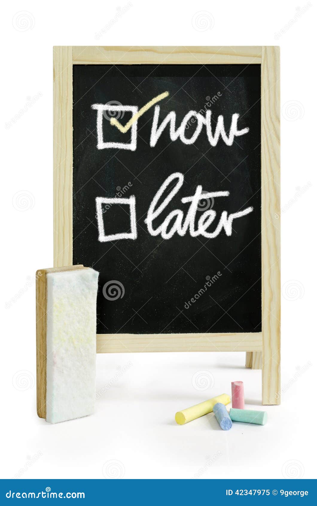 Now or Later with Checkboxes - White Chalk Handwriting on Blackboard ...