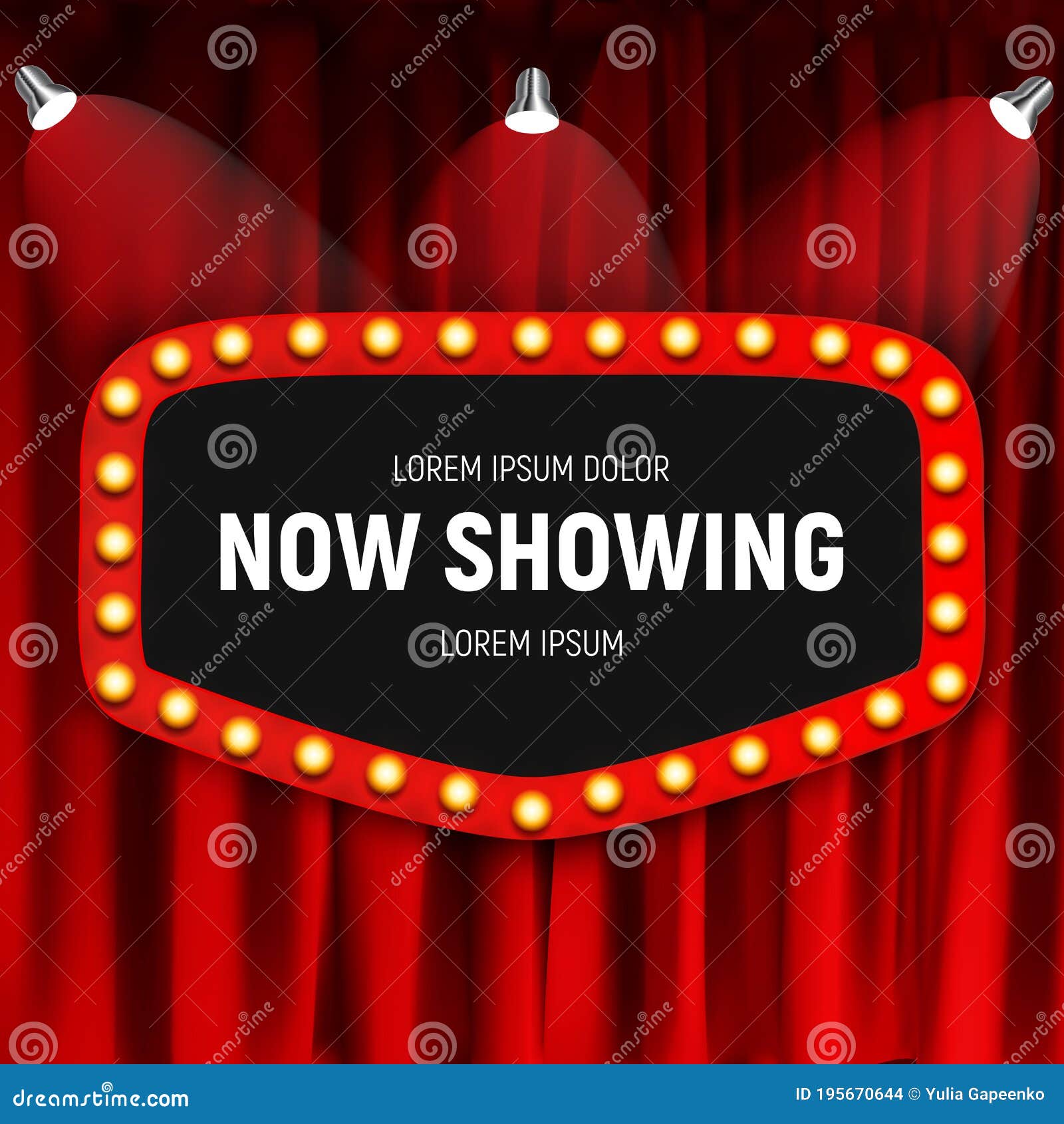 Now Showing Announcement Board with Bulb Frame on Curtains Background ...