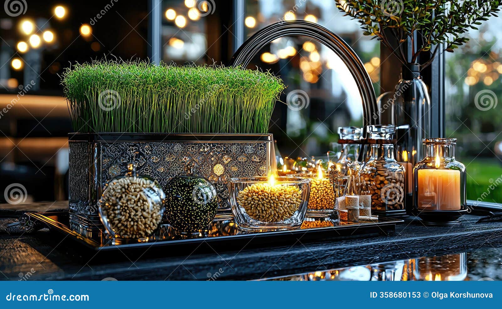 Nowruz Haft-Sin Table Display with Wheatgrass Stock Image - Image of ...