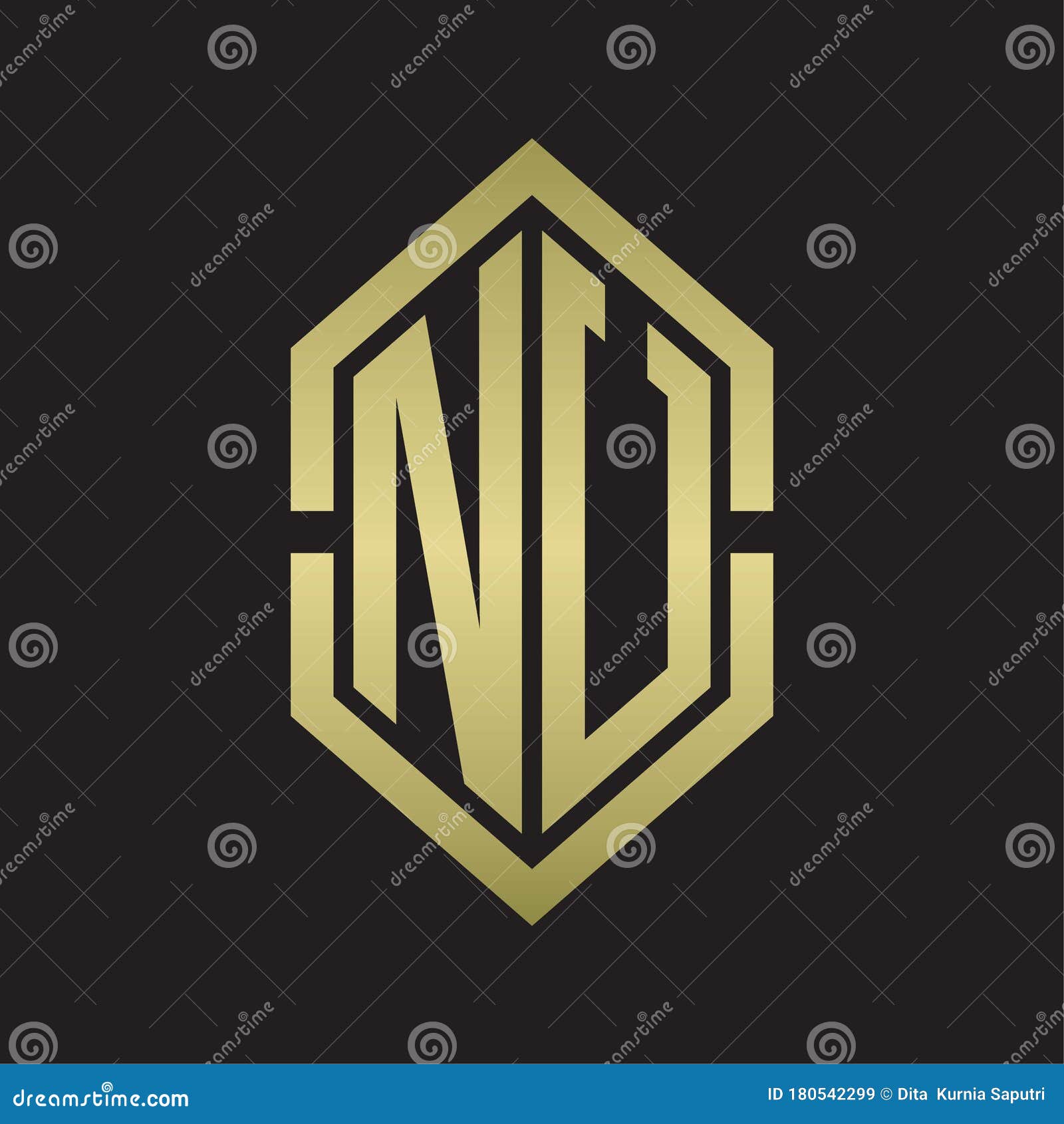 NU Logo Monogram with Hexagon Shape and Outline Slice Style with Gold ...