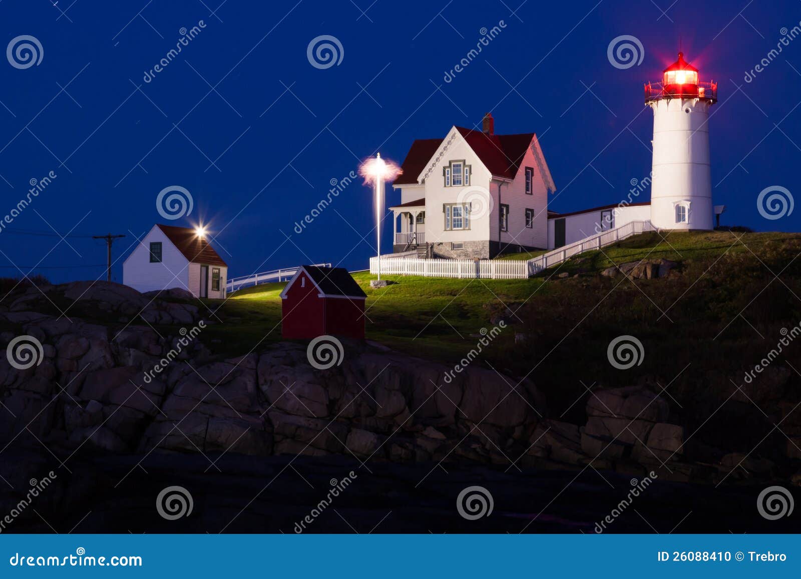 Nubble Lighthouse at Night, Cape Neddick Stock Photo - Image of beacon ...