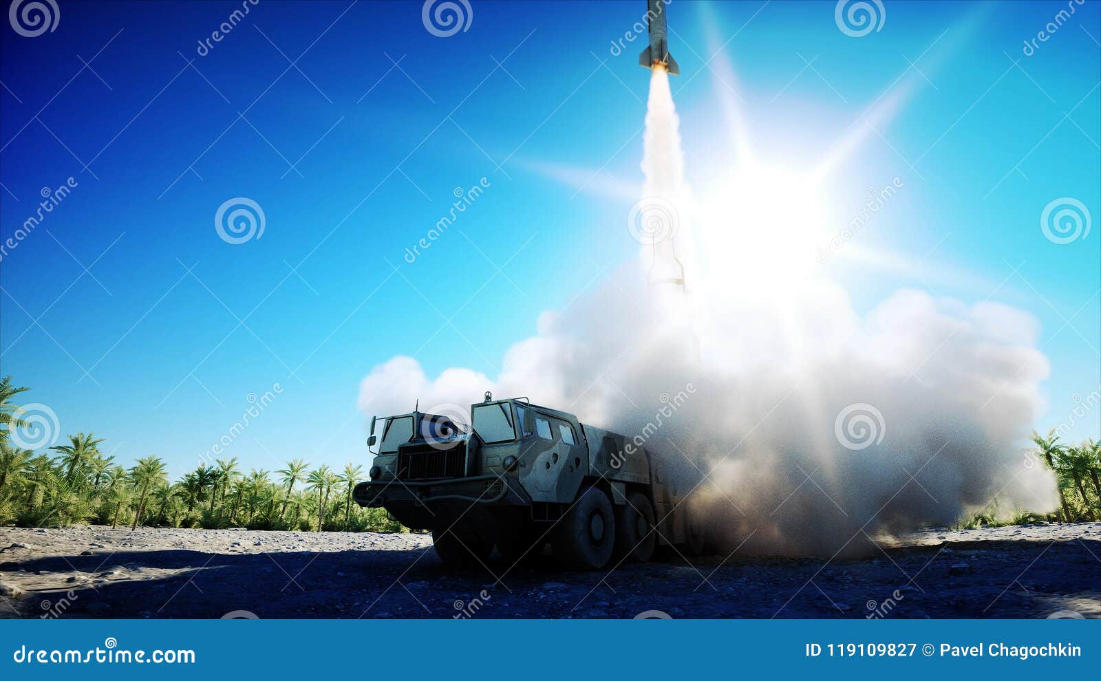 Nuclear Ballistic Rocket, Complex. Launch Rocket, Dust. 3d Rendering ...