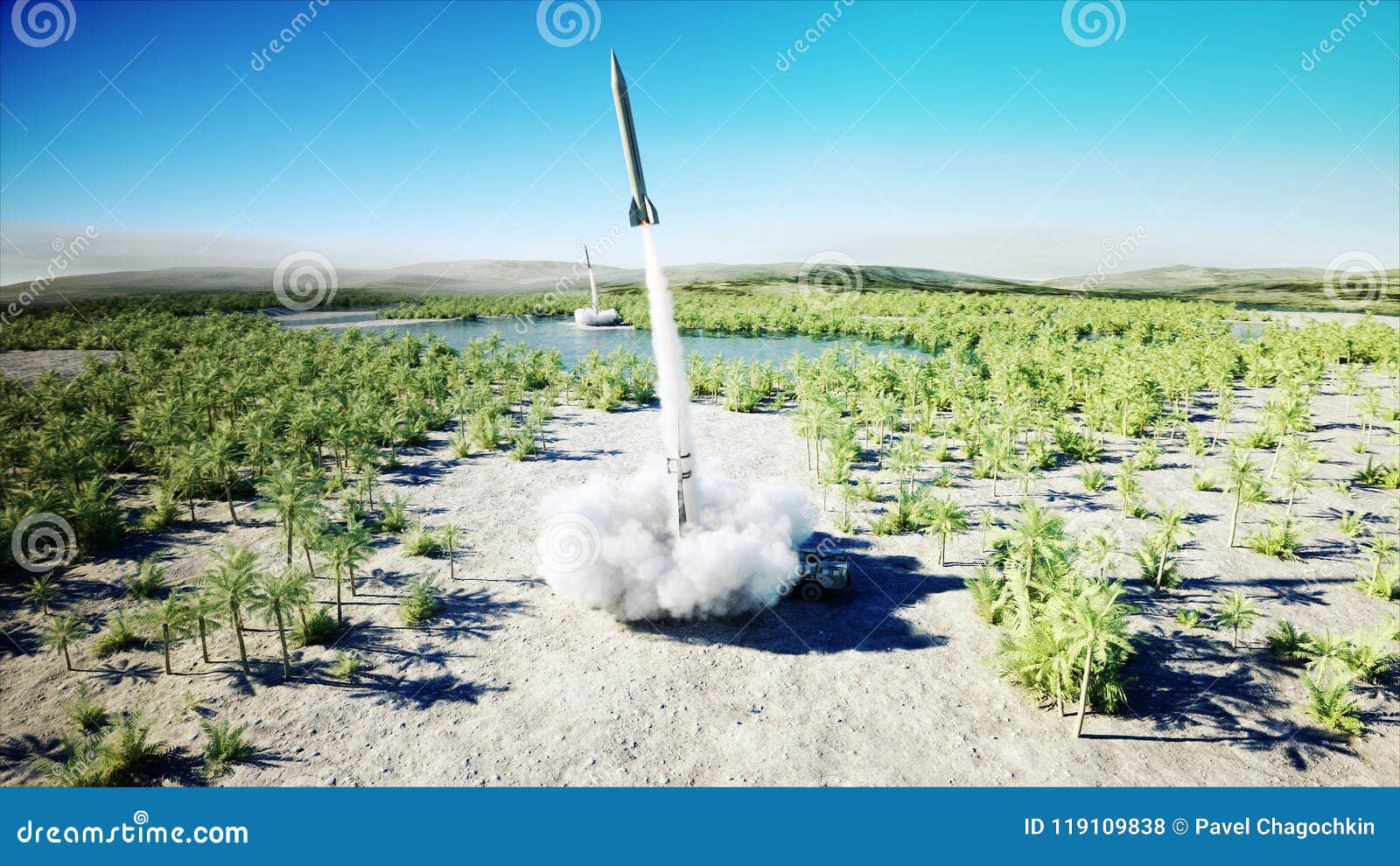 Nuclear Ballistic Rocket, Complex. Launch Rocket, Dust. 3d Rendering ...