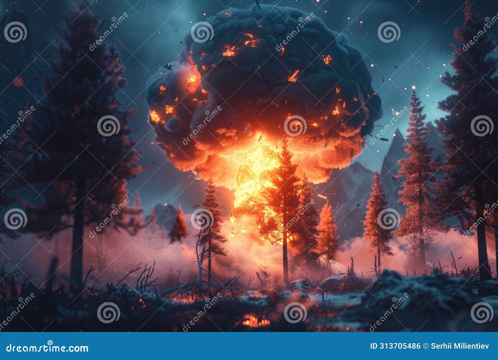 Nuclear Blast in Forest. Fire Mushroom Cloud. Atomic Bomb Explosion ...